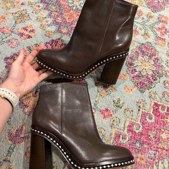 Coach | Shoes | Coach Justina Calf Leather Brown Heeled Booties 35 Heel ...